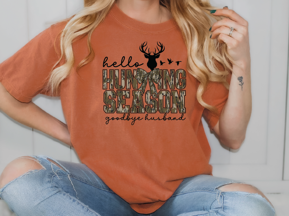 Camo Hello Hunting Season Goodbye Husband Deer Graphic T-Shirt - Blu ...